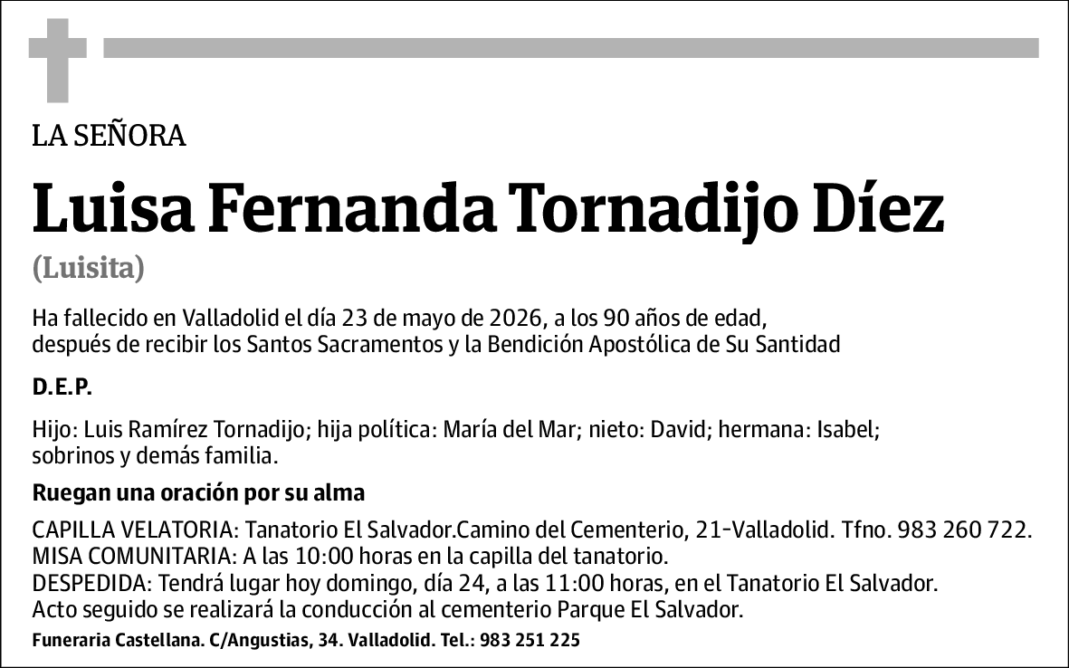 Luisa Fernanda Tornadijo Diez | Esquela | El Norte de Castilla